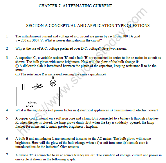 CBSE Class 12 Physics Alternating Current Worksheet Set B